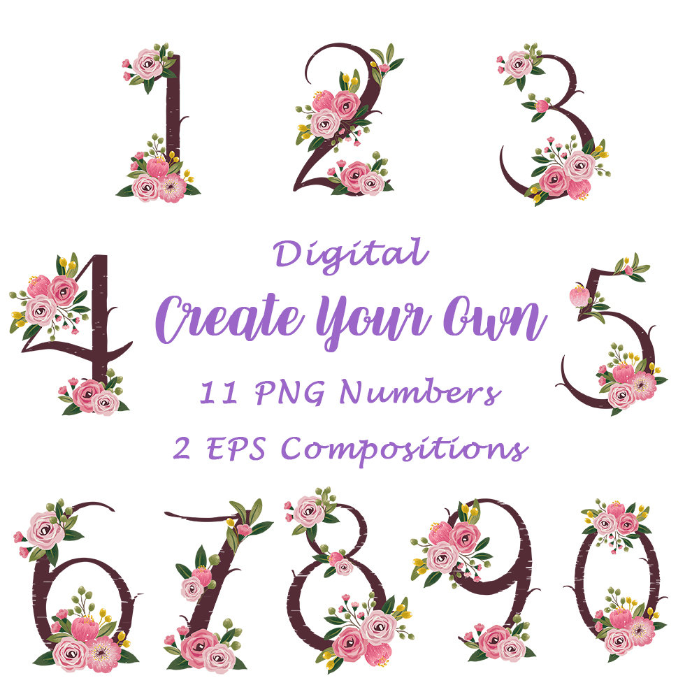 Floral Numbers, Watercolor Floral Numbers, Floral Numbers, Pink ...