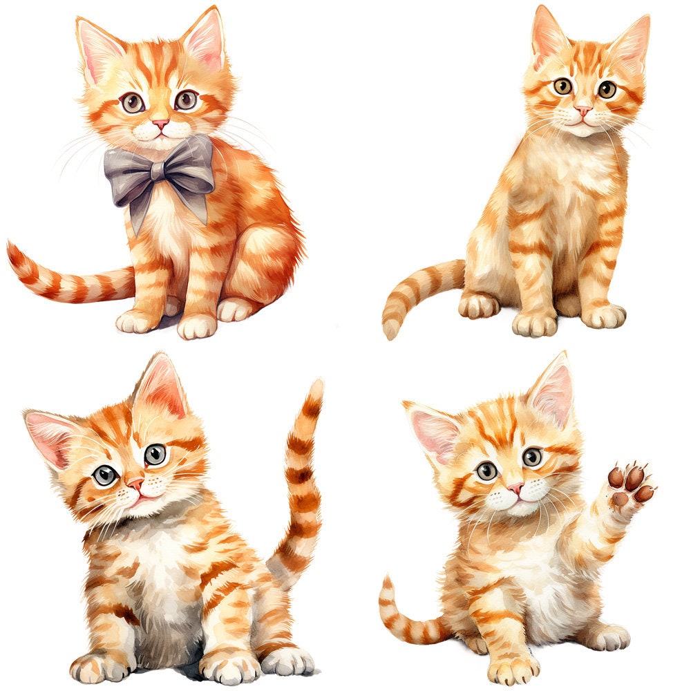 Watercolor Kitten Clipart – Orange Tabby Cats, Butterfly PNG (digital ...
