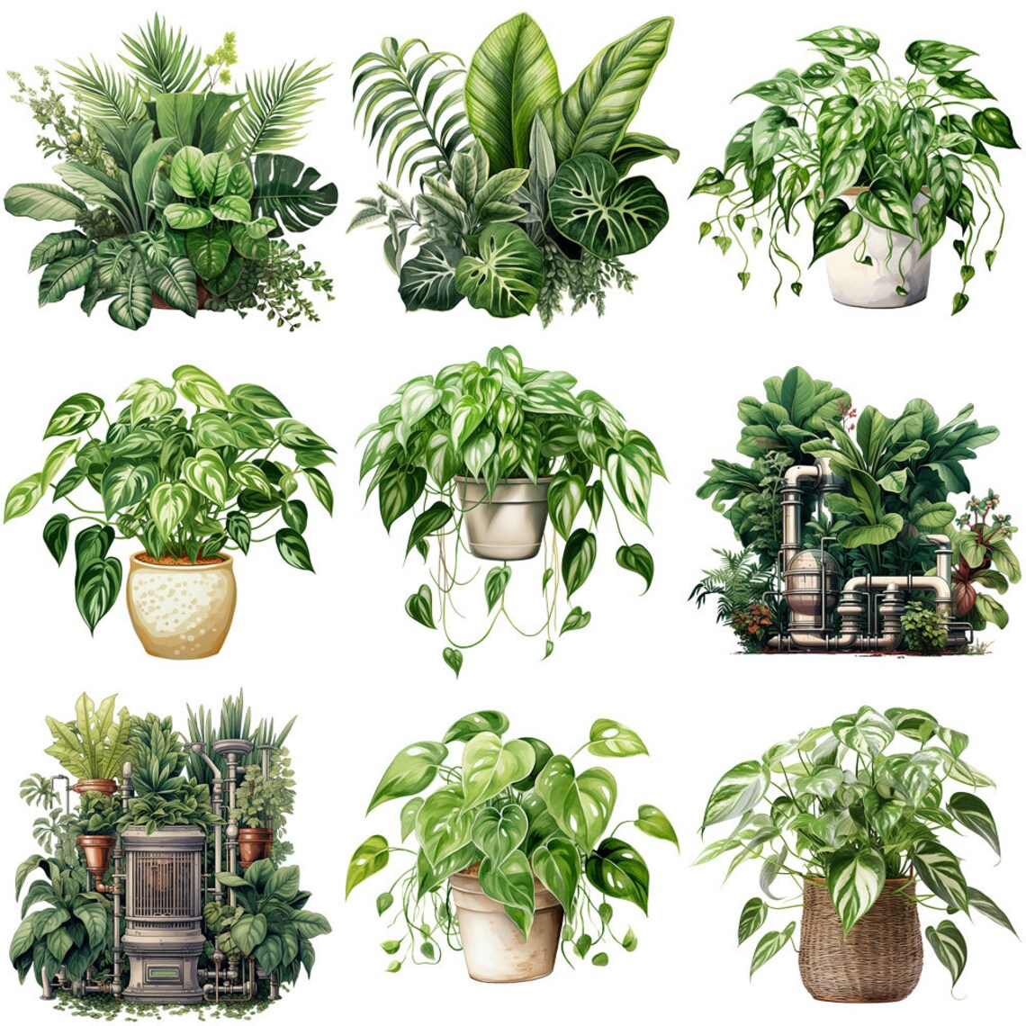 Watercolor Green Plants Clipart PNG Bundle, Hanging Plants Grasses ...