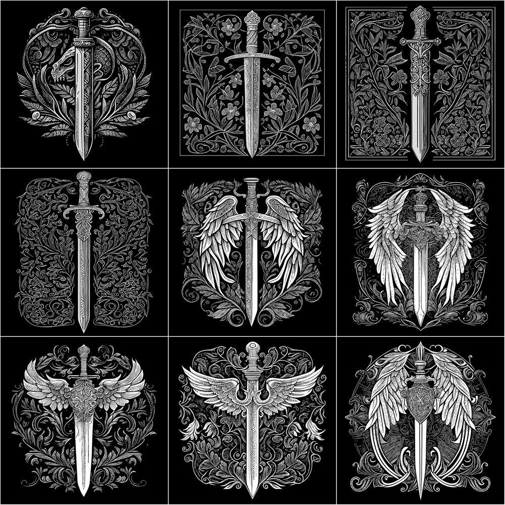 King Sword Clipart, Vine Angel Wings PNG, Mandala Vector Art, Black ...