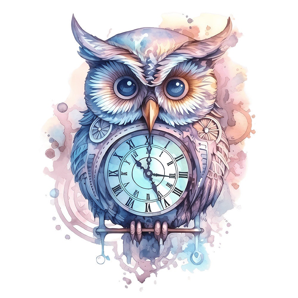 Steampunk Timer Owls PNG, Watercolor Clock Animal PNG, Wall Clock ...