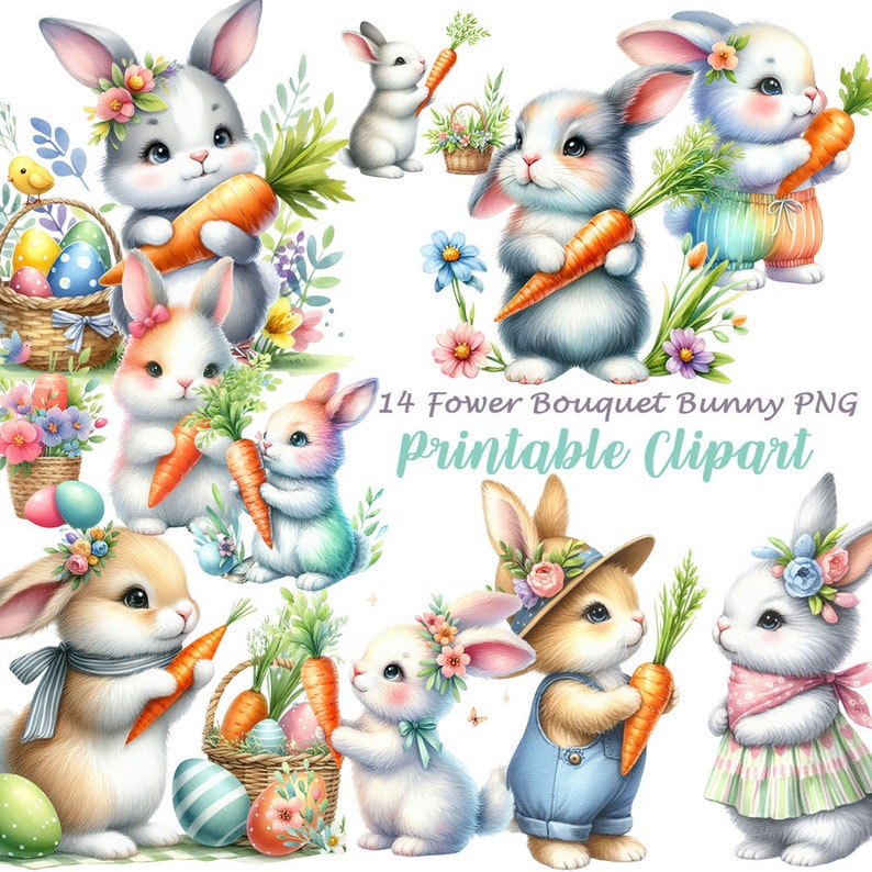 Easter Baby Bunnies PNG, Cute Bunny With Flowers Clipart, Easter Eggs ...