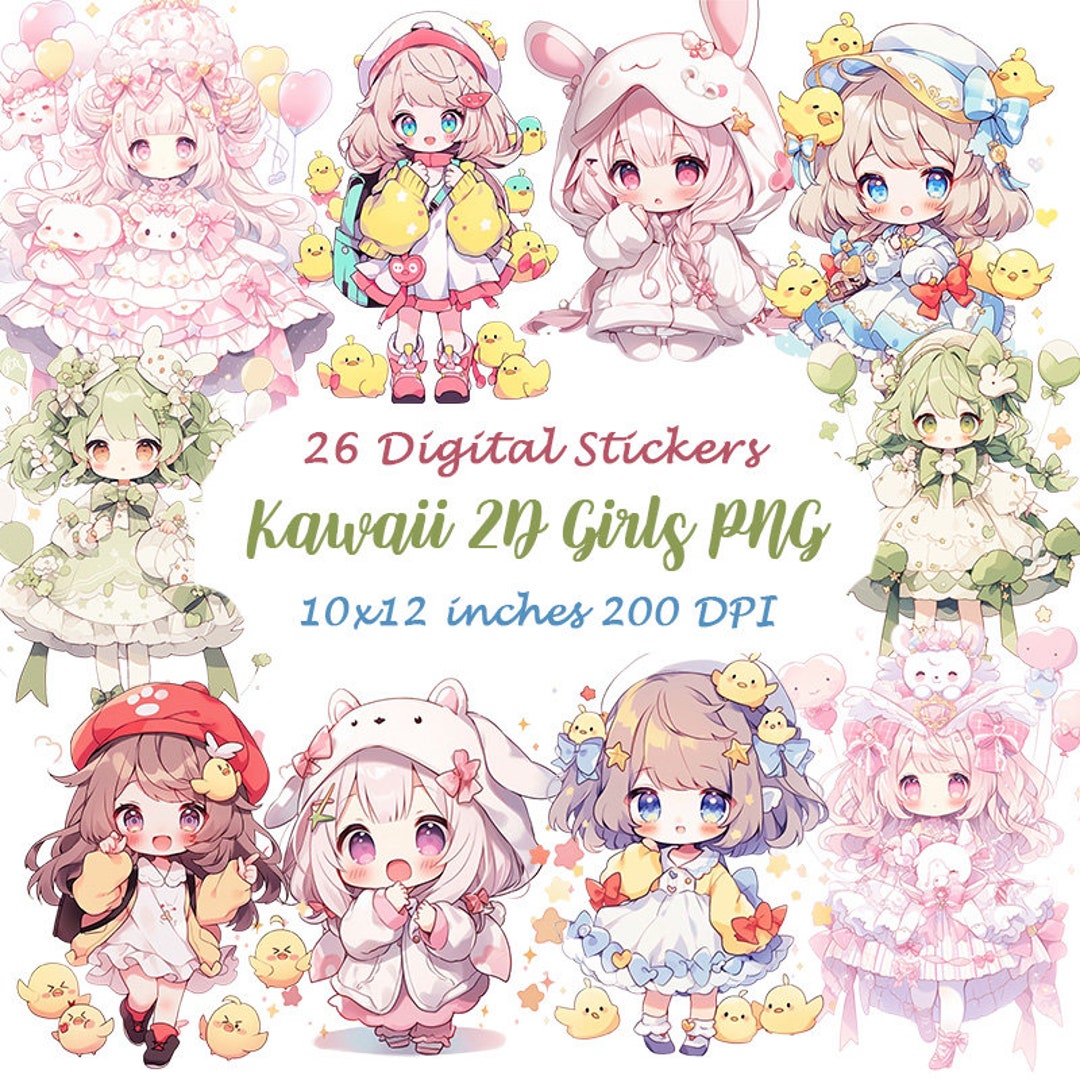 Anime Sticker Pack Digital Stickers 24 Kawaii 2D Girls iPad Stickers ...