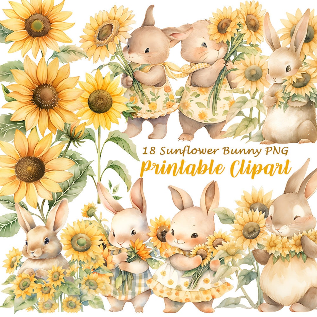 Watercolor Baby Bunnies PNG, Cute Bunny With Sunflowers Clipart, Easter ...