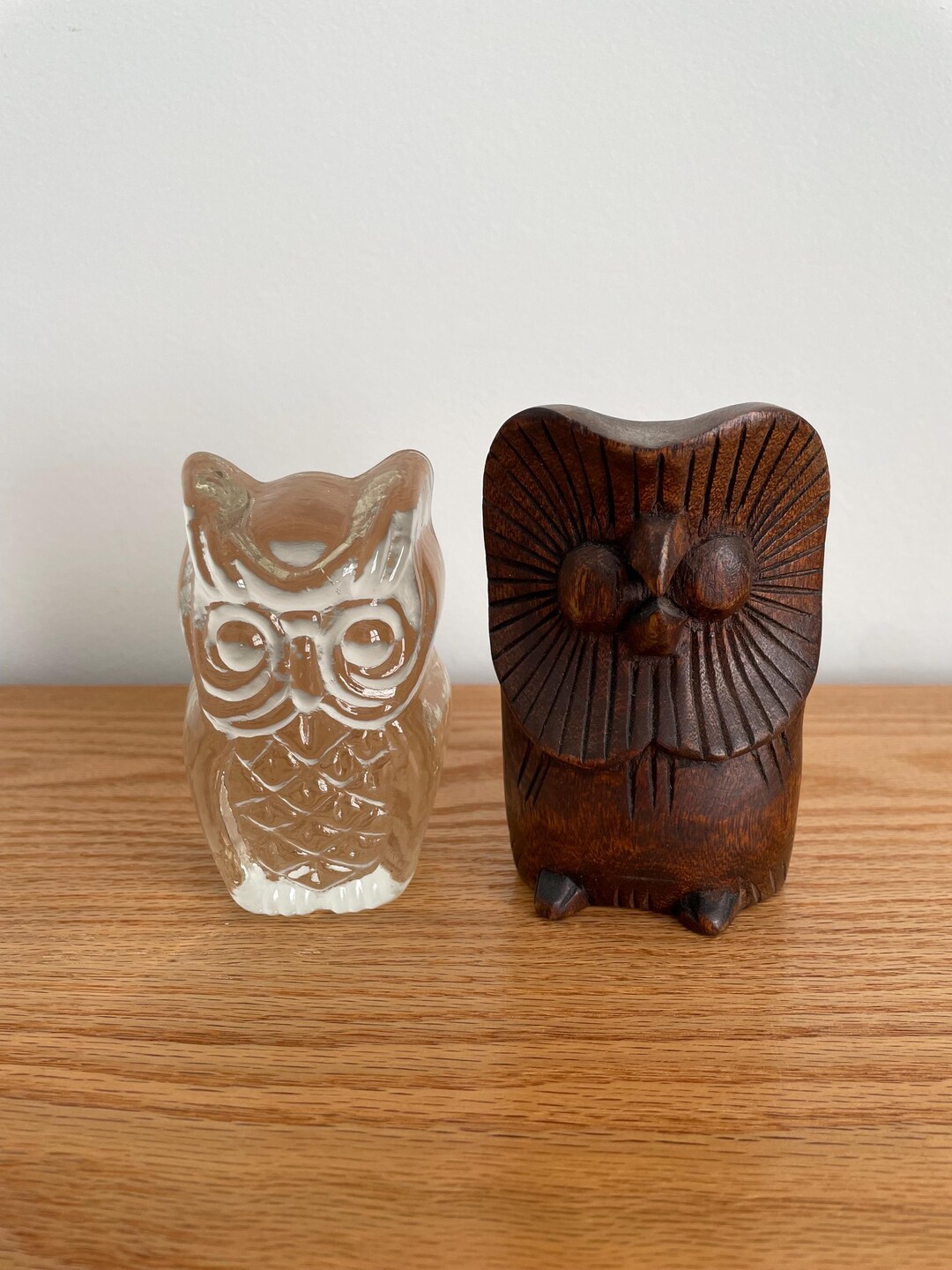 Vintage MCM Owls - Carved Wood and Viking Glass Owl Statues Figurines ...