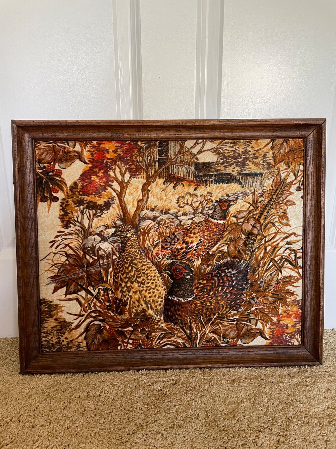 Vintage Velvet Pheasant Fall Woods Trees Cabin Fabric Art 1960s 1970s ...