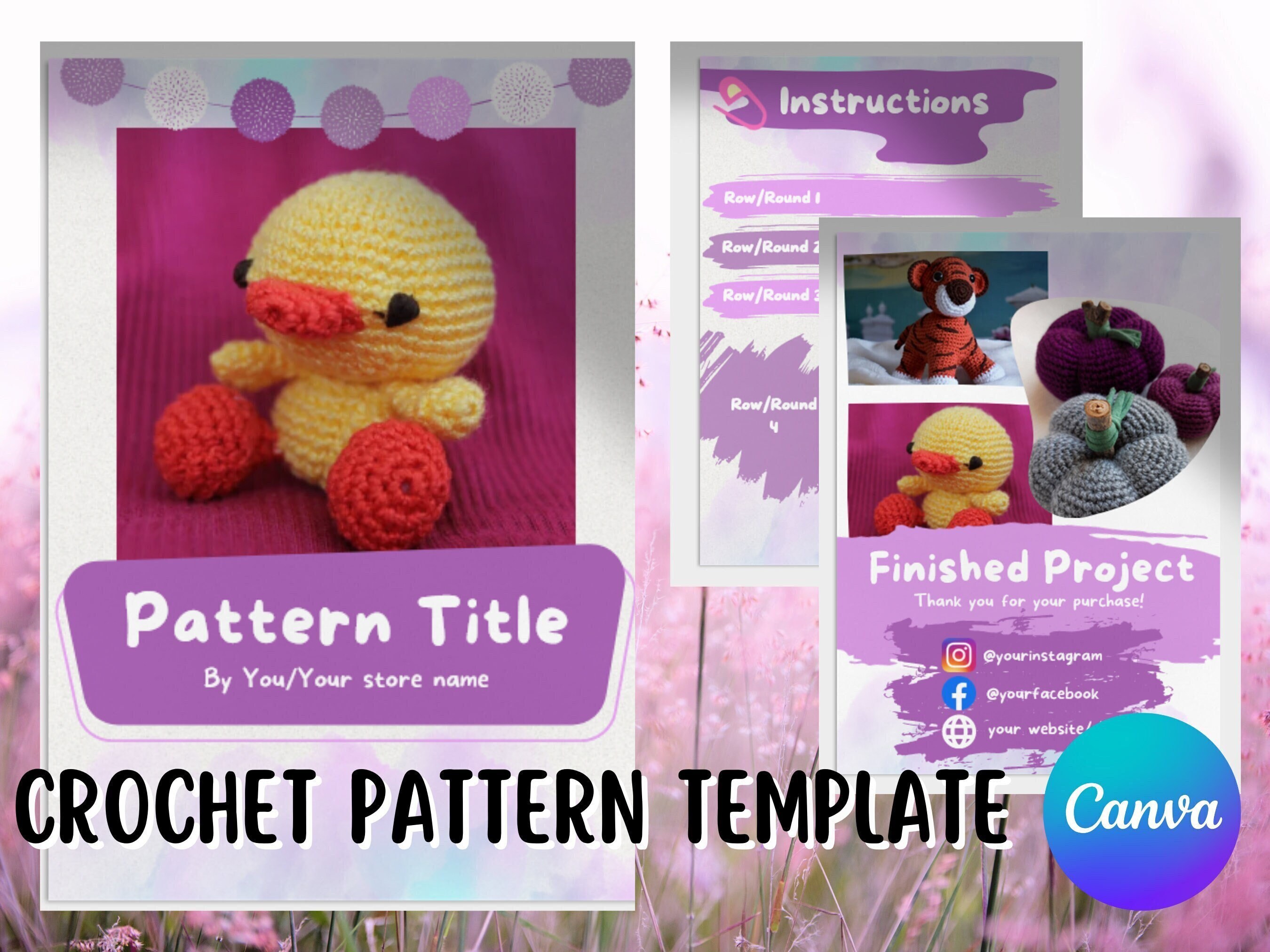 Cute Crochet Pattern Template, Canva Crochet Pattern Template, Lavender ...
