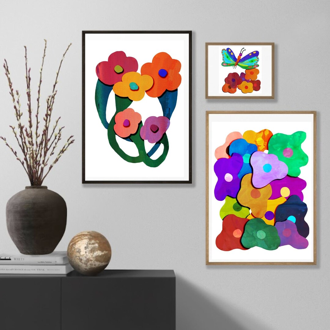 Set of 3 Colorful Bold Art - Handmade Colorful Collage Digital Wall Art ...