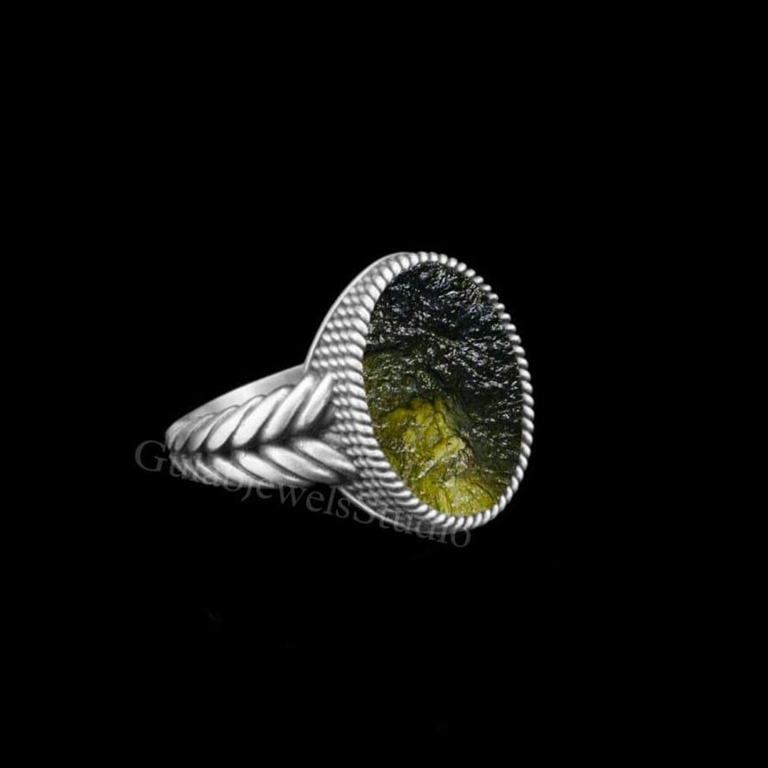 Natural Raw Moldavite Mens Ring in Sterling Silver, Raw Moldavite ...