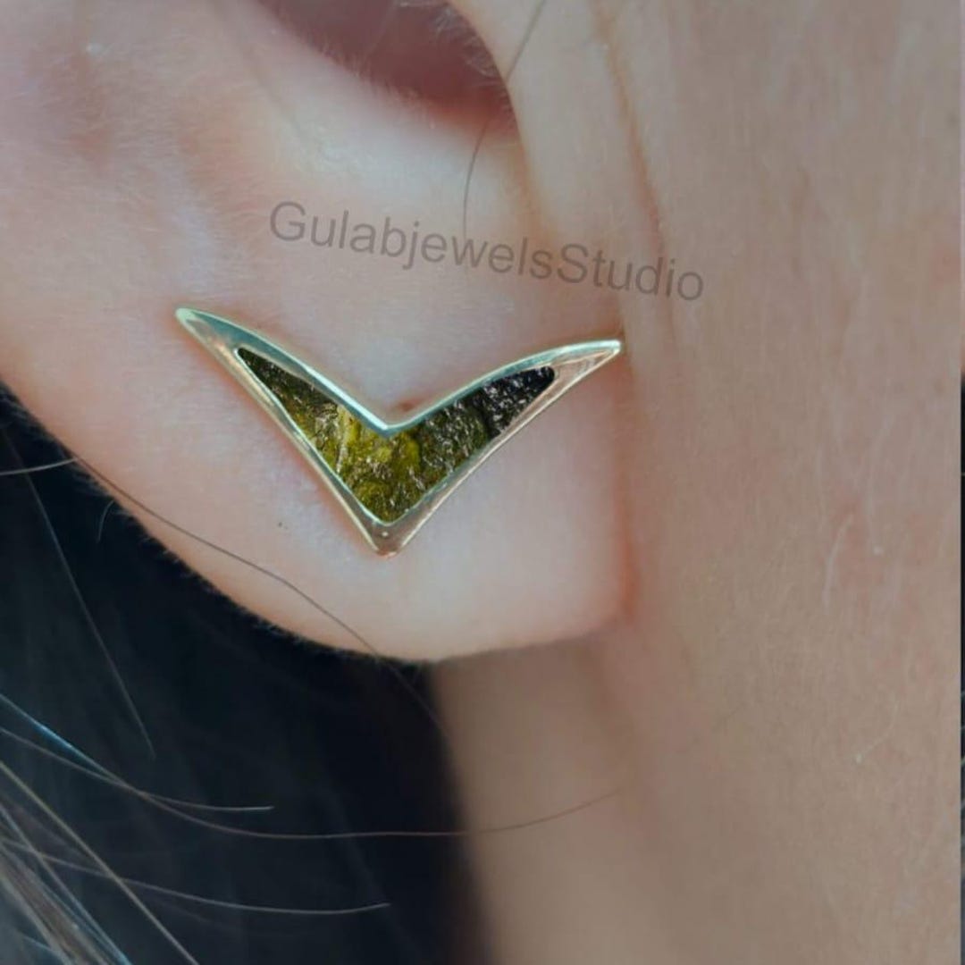 Natural Raw and Cut Moldavite Stud Earring in Sterling Silver,v Shape ...
