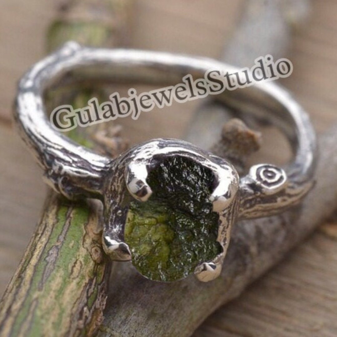 Natürlicher roher Moldavit Ring aus Sterling Silber, ungewöhnliche ...