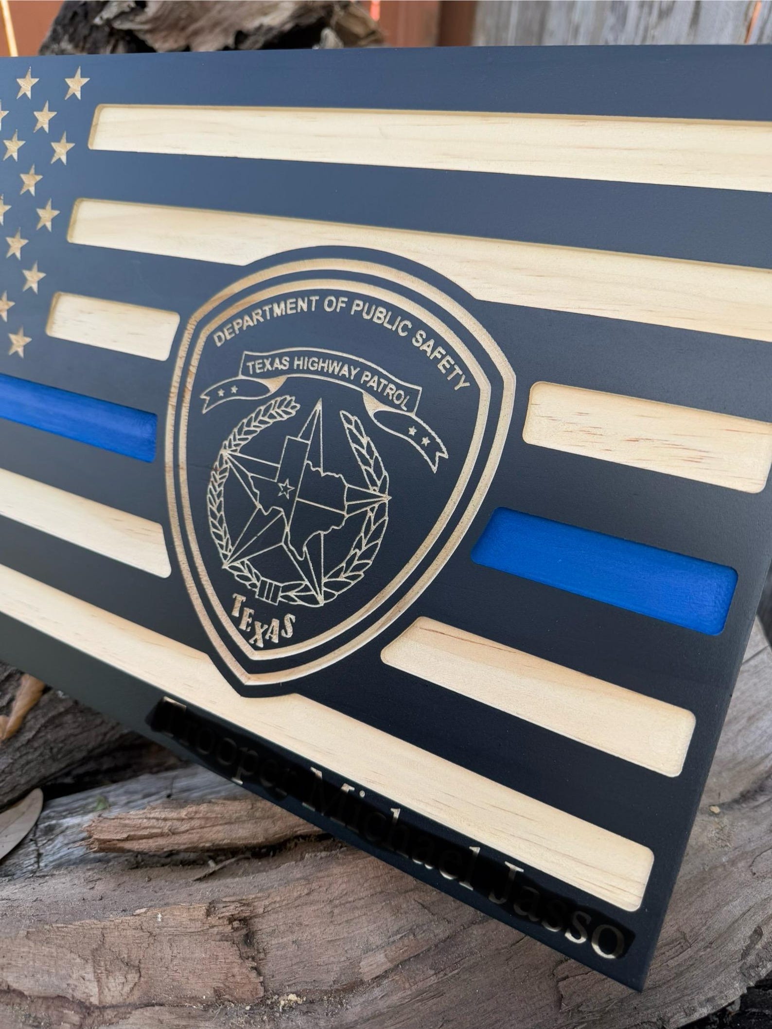 Personalized Carved Wooden American Flag W/ Thin Blue Line - Police ...