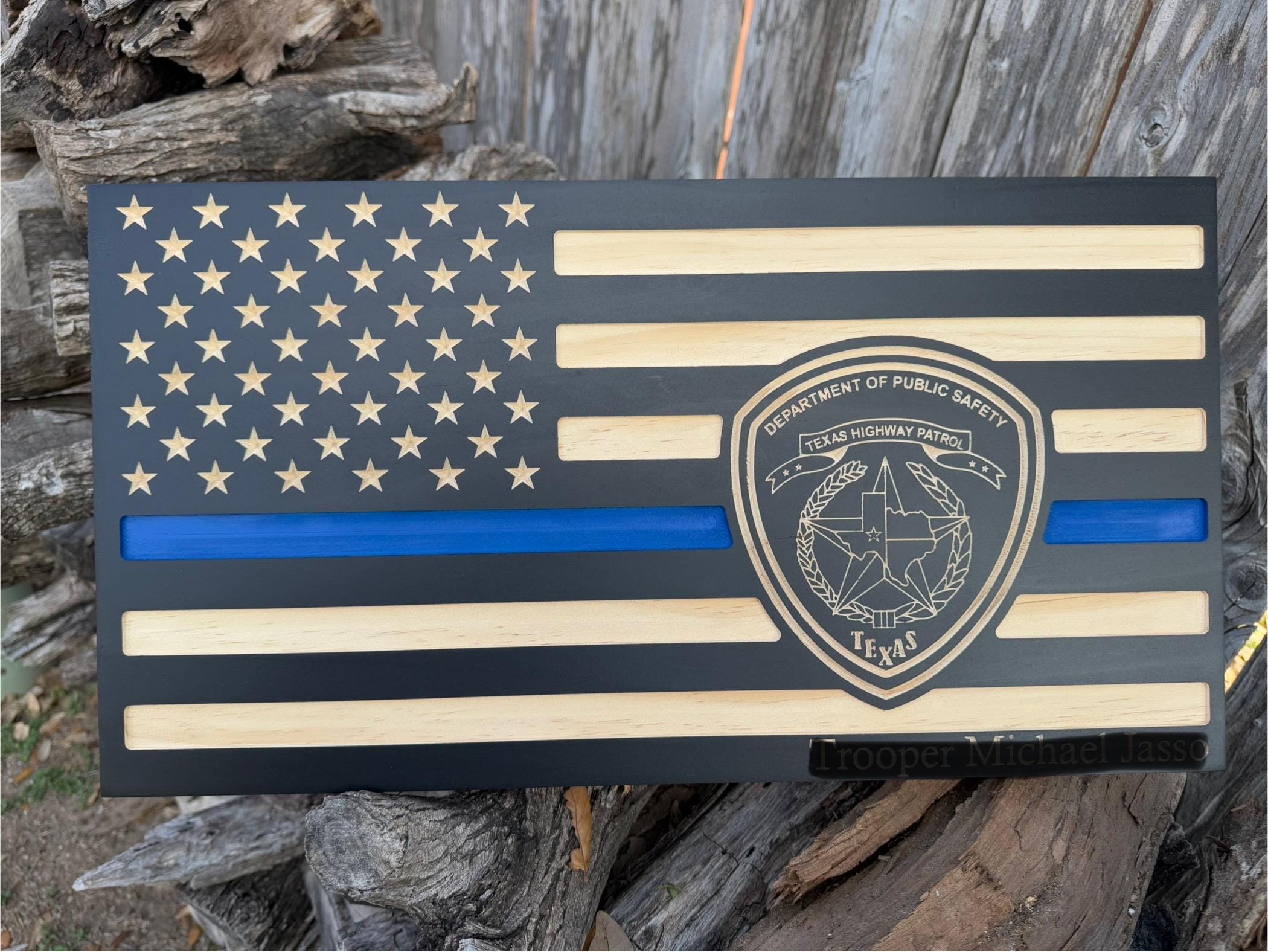 Personalized Carved Wooden American Flag W/ Thin Blue Line - Police ...