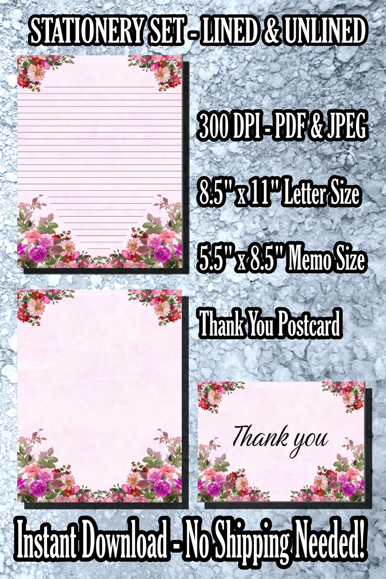Printable Stationary Paper Digital Download Pink Floral Stationary ...