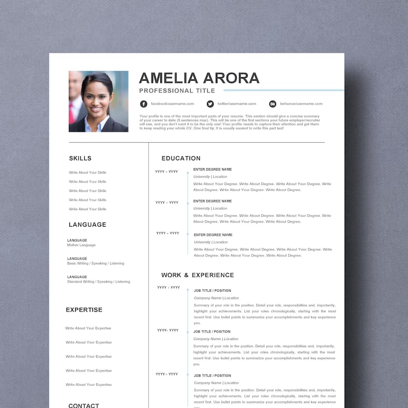 Creative Resume Template for Word Free Cover Letter Social Icons Modern ...
