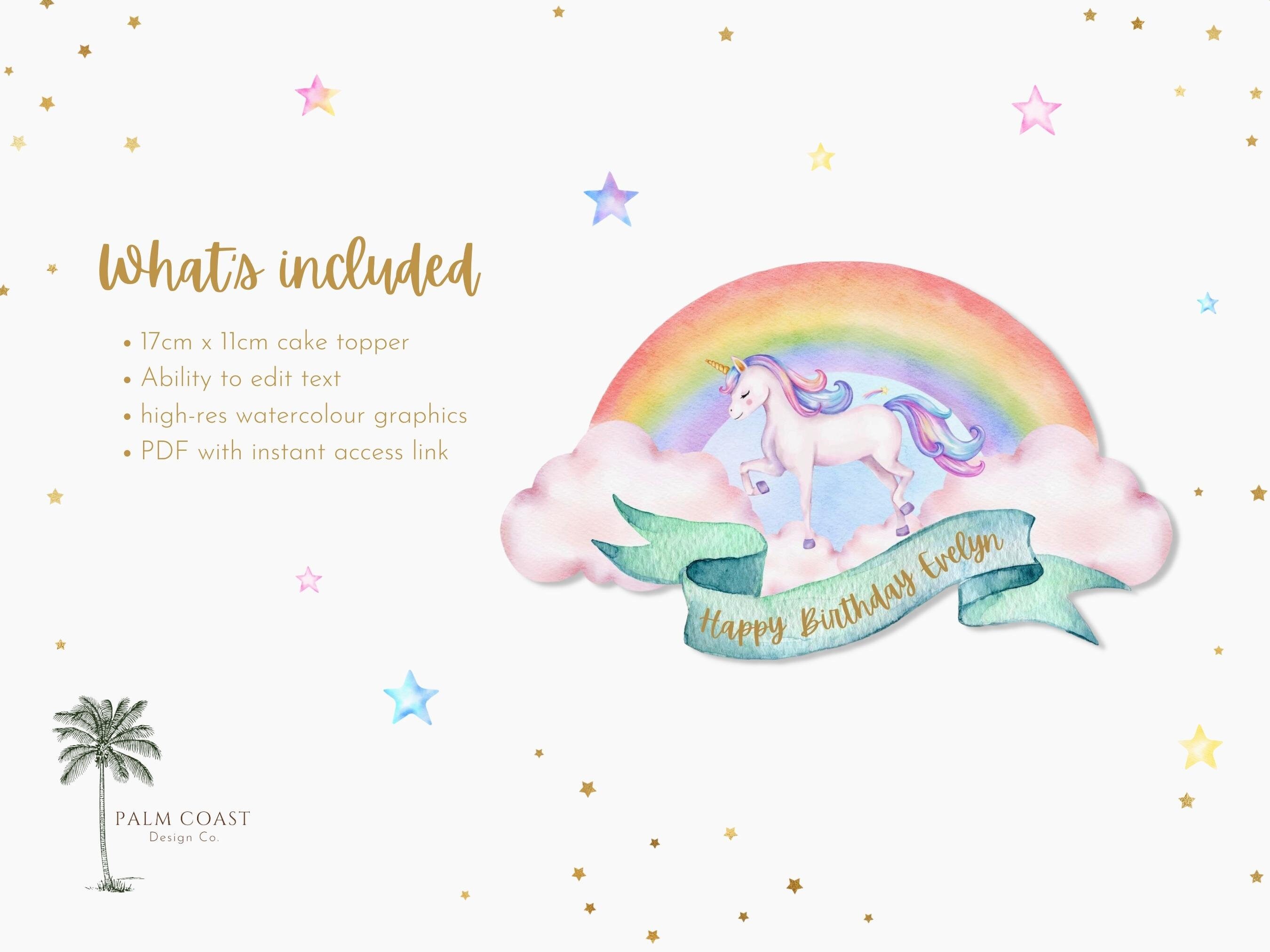 Editable Unicorn Cake Topper Digital, Rainbow Cake Topper, Hbd Cake ...
