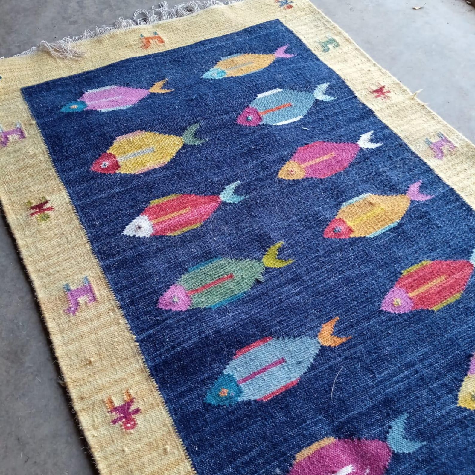 Swedish Kilim Wool Rug: Handwoven Fish Motif, Navy & Beige Border - Etsy