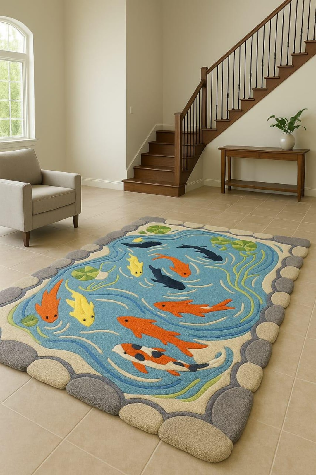 Hand Tufted Wool Koi Pond Rug, 3D Carved - Etsy