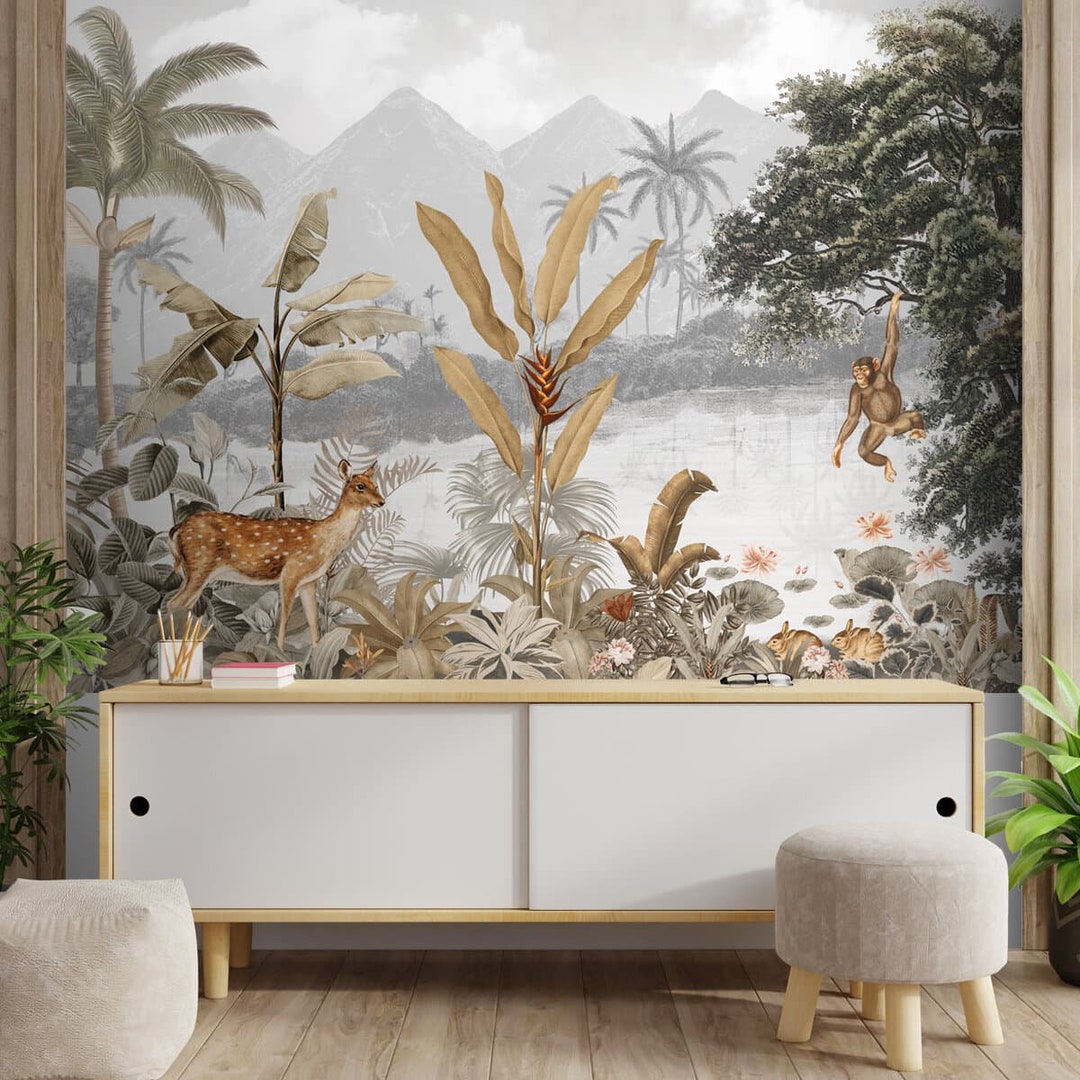 Sepia Jungle Wallpaper: Tropical Animals & Plants Canvas Wall Decor - Etsy