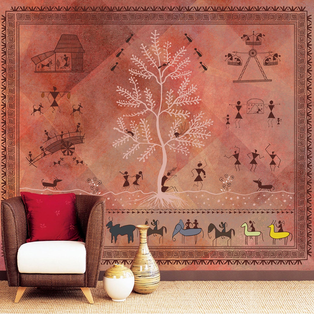Chitra Modern Indian Warli Art Design Wallpaper, Ethnic Tribal Pattern ...