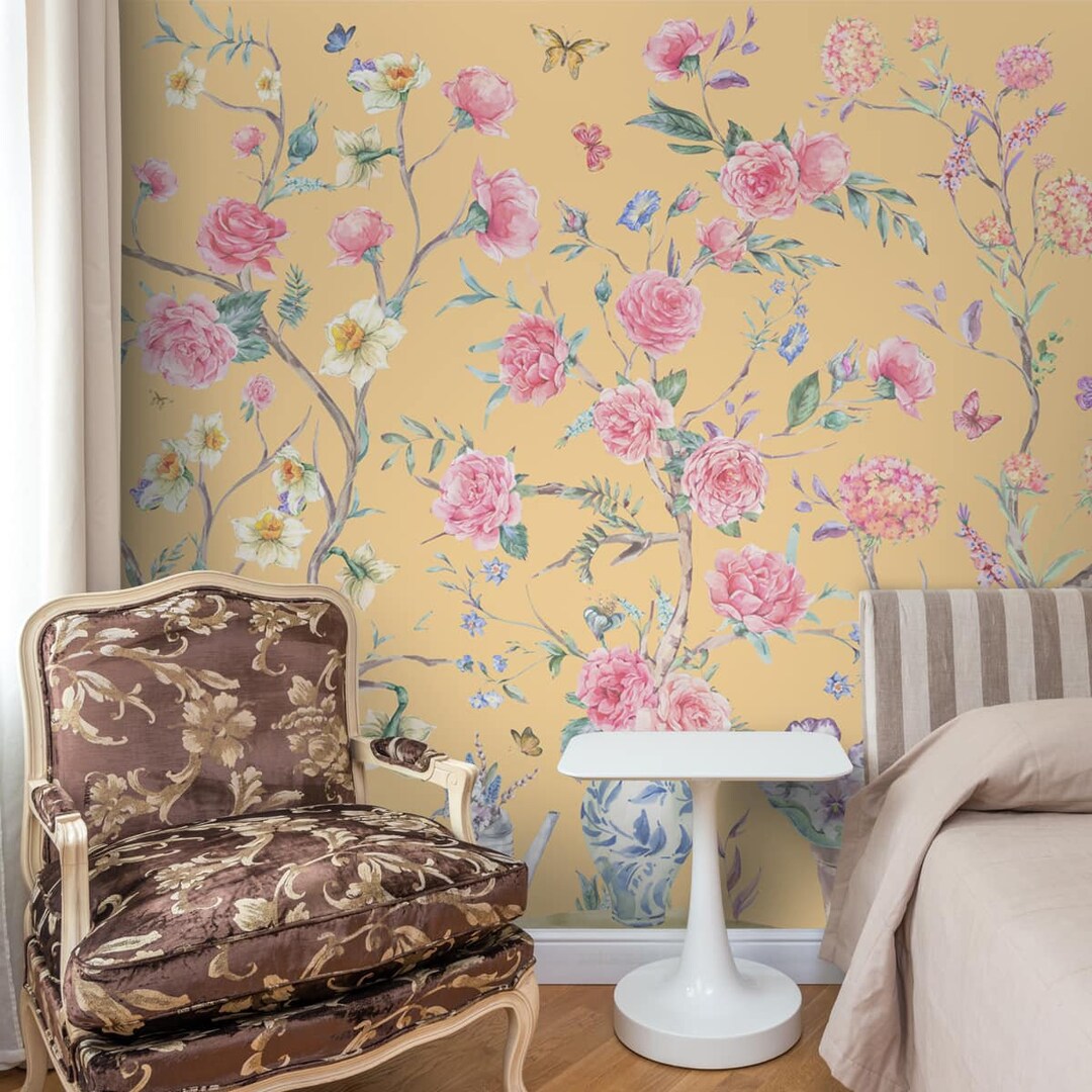 Oriental Yellow Chinoiserie Floral Wallpaper Mural - Etsy
