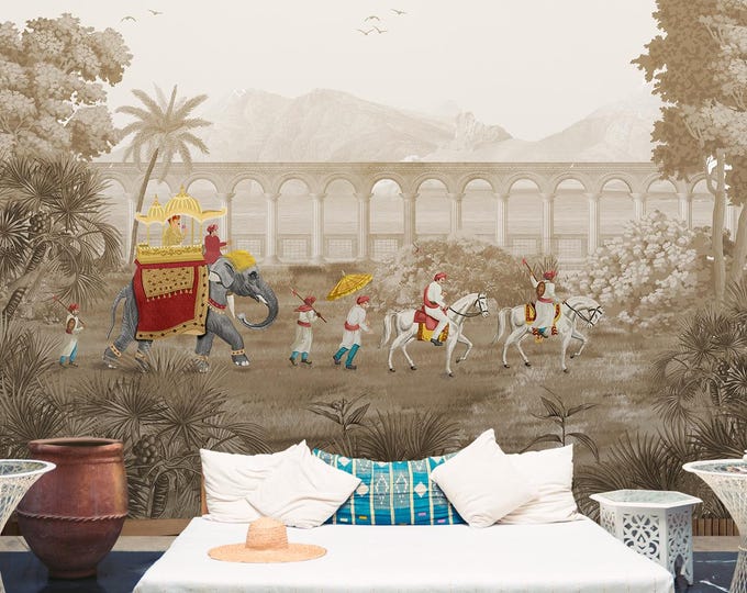 Indian Wallpaper Mural Featuring Floral Jharokha Arches Mughal Art Wall ...