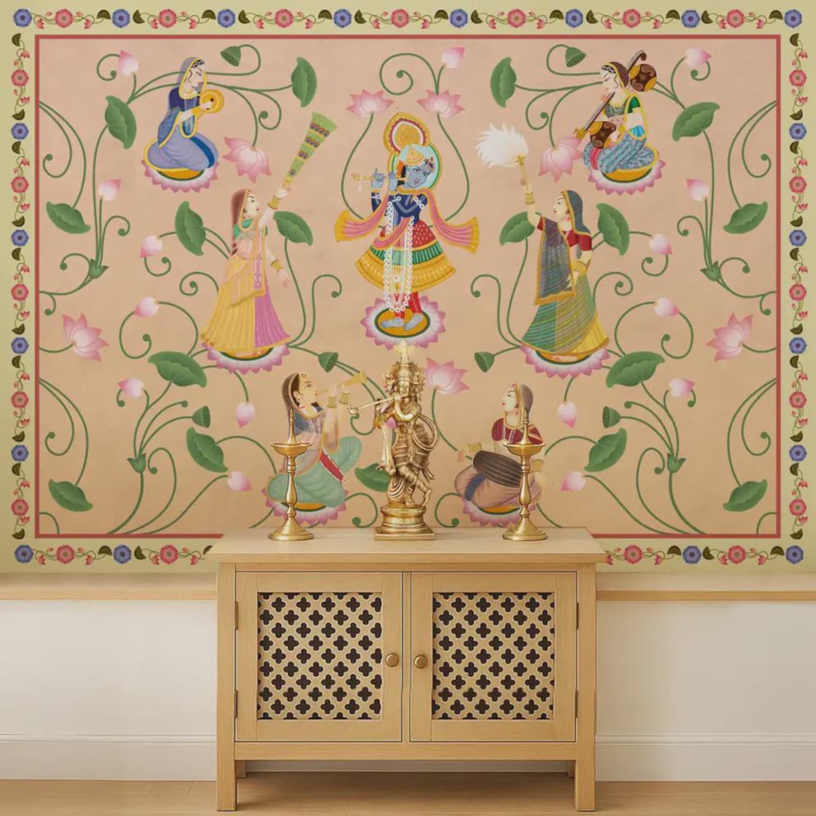 Krishna and Gopis Canvas Wallpaper: Vrindavan Pooja Room Decor - Etsy