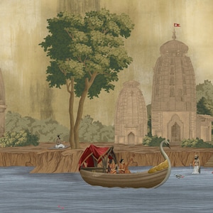 Kashi Reverie Wallpaper Mural: Golden Sepia Indian Temple Scene - Etsy ...