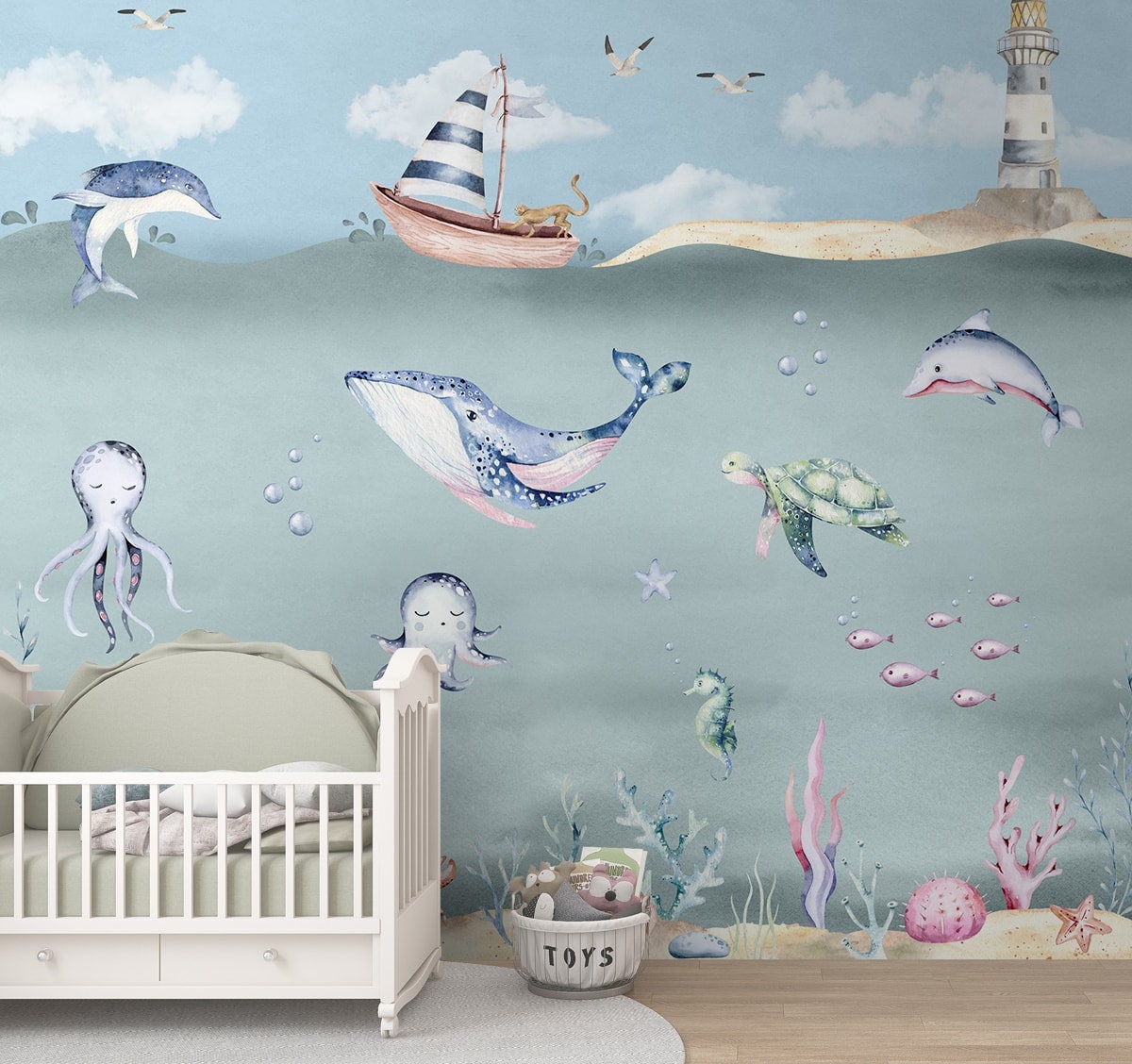 Ocean Theme Kids Room Wallpaper, Beautiful Wall Mural for Kids With Marine Animals, Playful ...