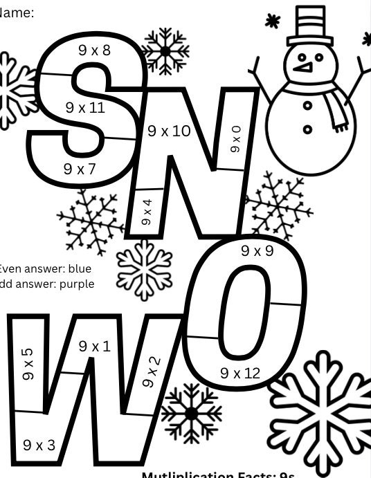 9's Multiplication Facts Winter Coloring Page - Etsy