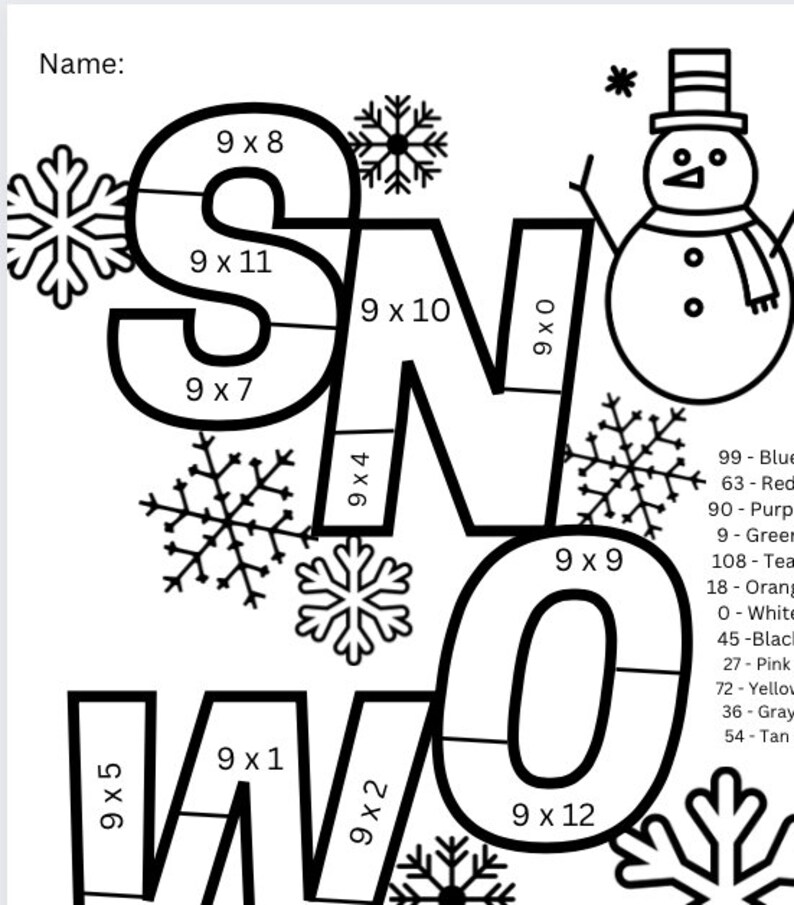 9's Multiplication Facts Winter Coloring Page - Etsy