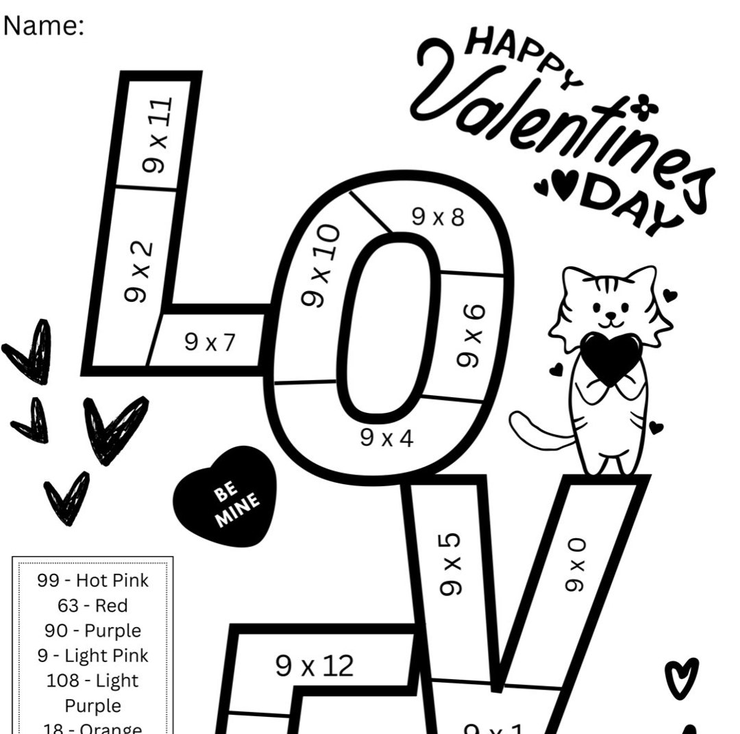 Valentine's Day Multiplication Coloring Page -nines - Etsy