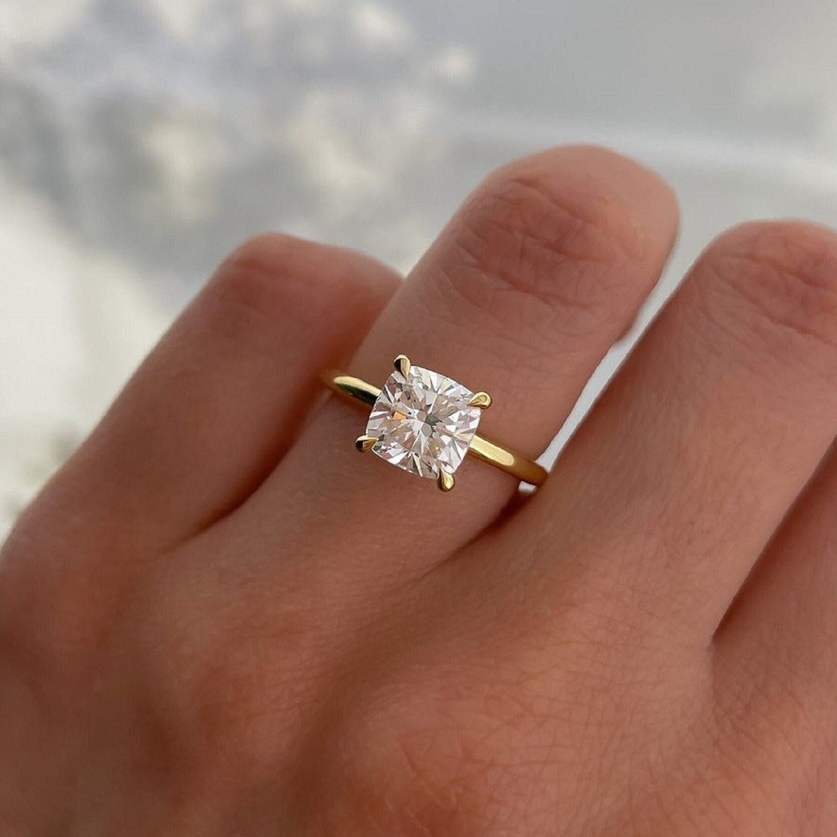 Delicate 1.25 CT Cushion Cut Engagement Ring_invisible Halo_14k Solid ...