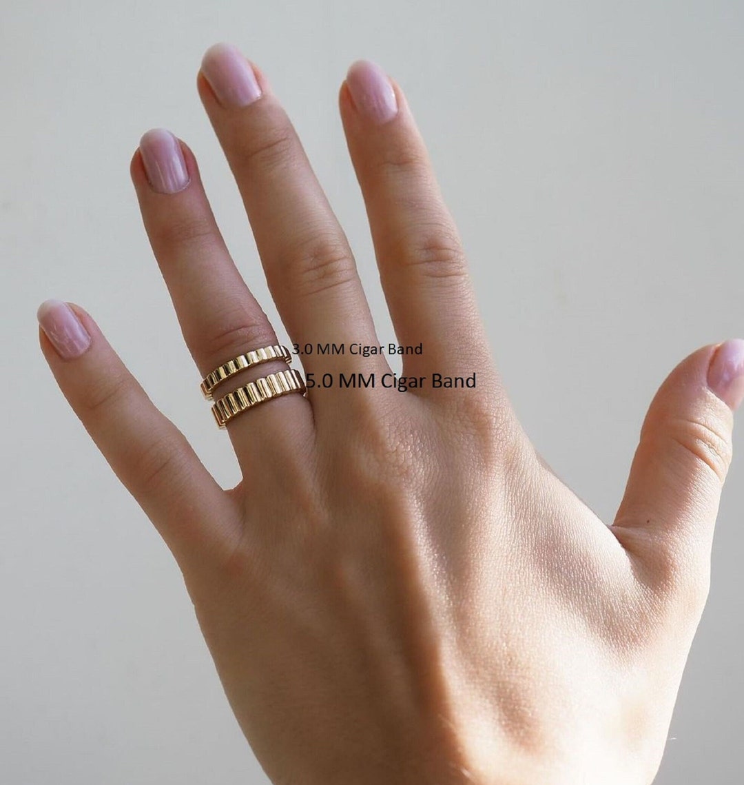 3.0/5.0 MM Wide Ribbed Cigar Band 14k Solid Yellow Gold Band Platinum ...