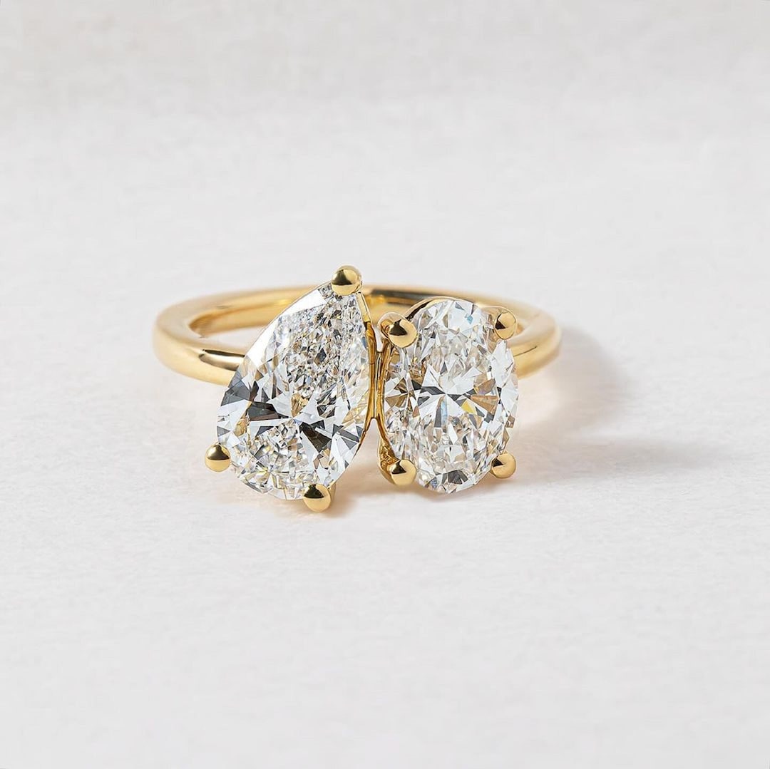 14k Solid Yellow Gold Toi Et Moi Ring,3.25 TC Oval & Elongated Pear Cut ...