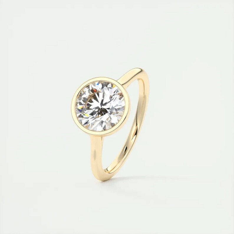 Minimalist 1.5 CT Round Cut Bezel Set Ring, Brilliant Round Cut Ring ...
