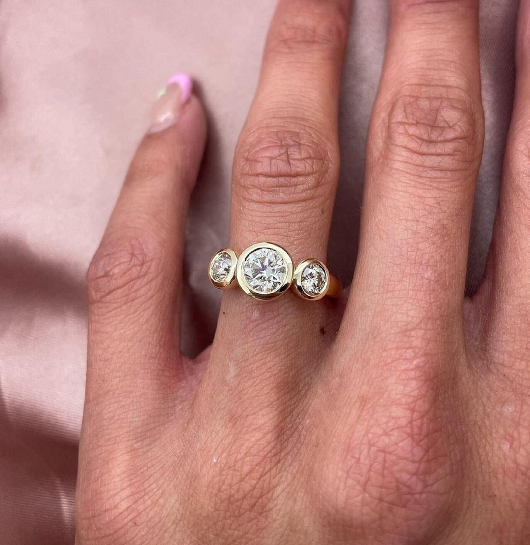 2.75 TCW Bezel Set Round Cut Trilogy • 14k Solid Yellow Gold • Wedding ...