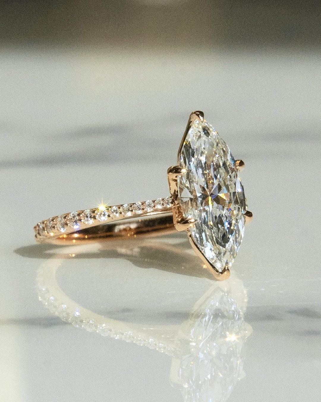 14k Solid Yellow Gold Engagement Ring,2.25 CT Marquise Cut Moissanite,6 Claw Prongs,lovely Petal ...