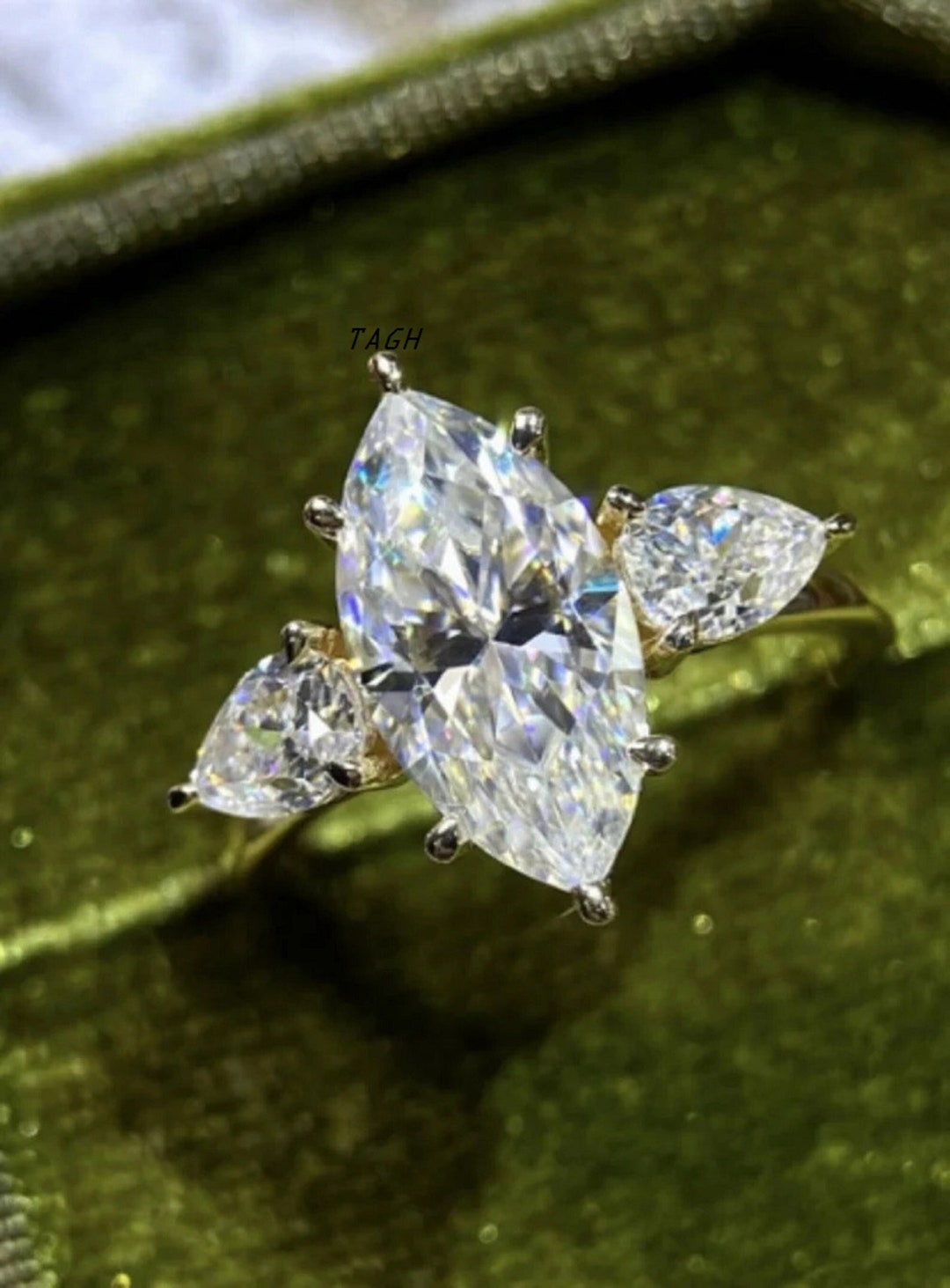 2.6 TC Marquise & Pear Cut Trilogy/14k Solid Yellow Gold Wedding Ring ...