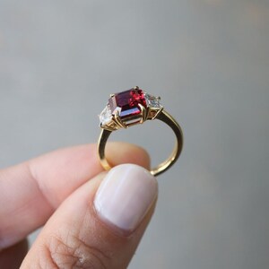 Elegant 3.81 TC Red Emerald Cut Three Stone Ring,emerald Ruby Ring,trapezoid Cut Sides,14k Solid ...