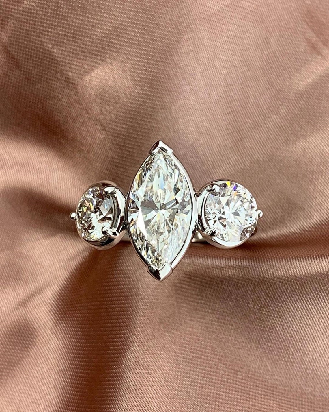 2.5 TC Marquise Cut Three Stone Ring • 14k Solid White Gold • Round Cut ...