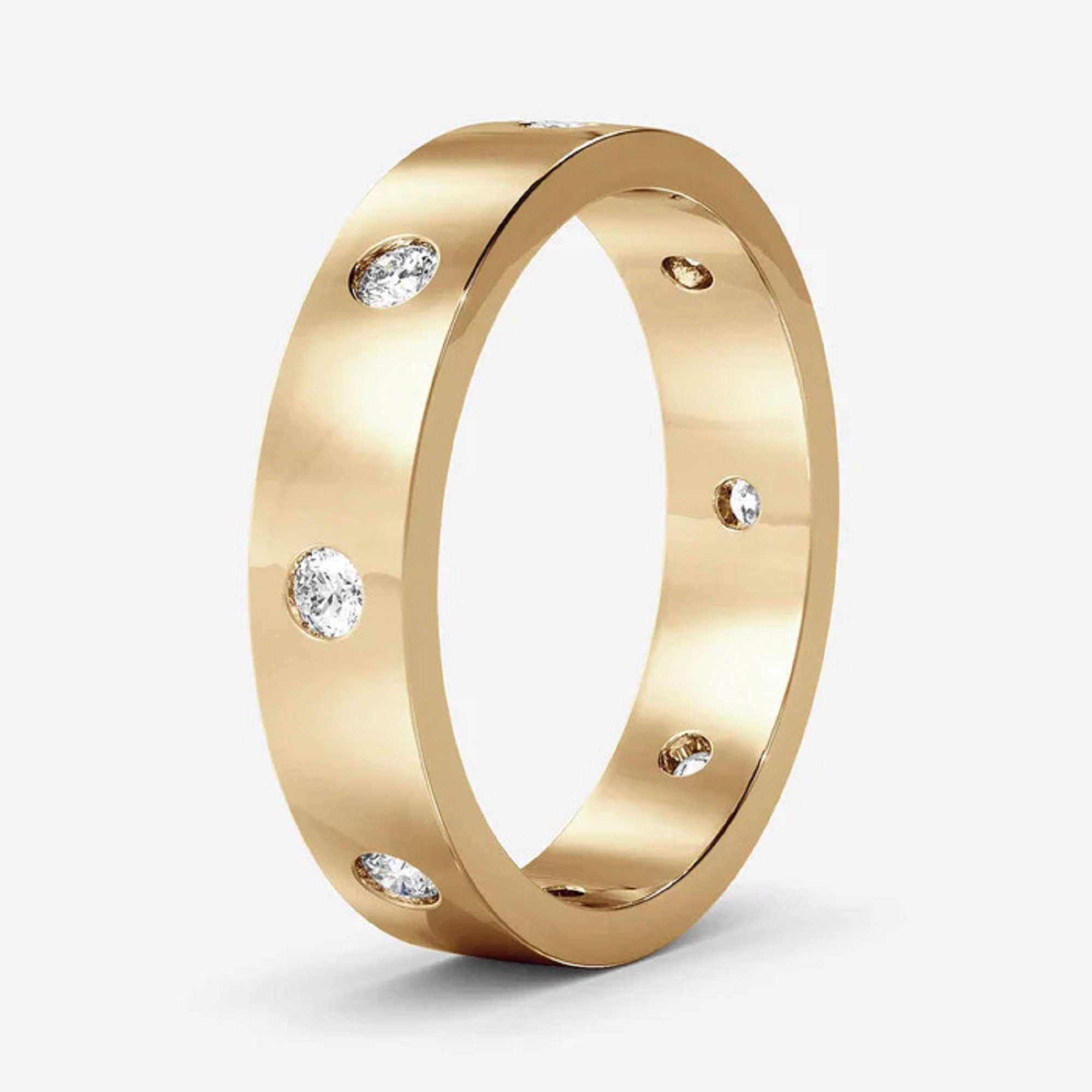 4 MM Wide 14k Solid Yellow Gold Wedding Band 0.32 TC Round Cut ...