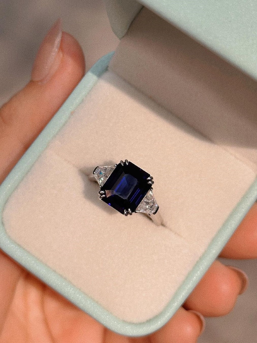 3.7 TC Royal Blue Emerald Cut Trilogy,emerald Cut Moissanite Ring ...