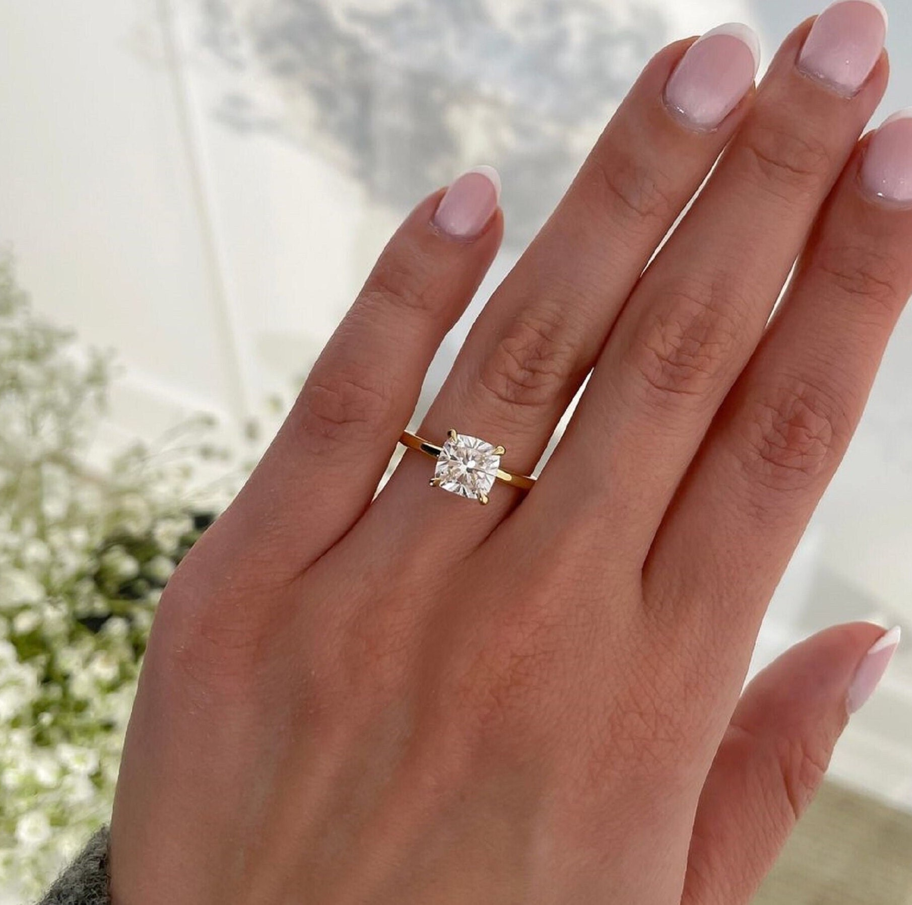 Delicate 1.25 CT Cushion Cut Engagement Ring_invisible Halo_14k Solid ...