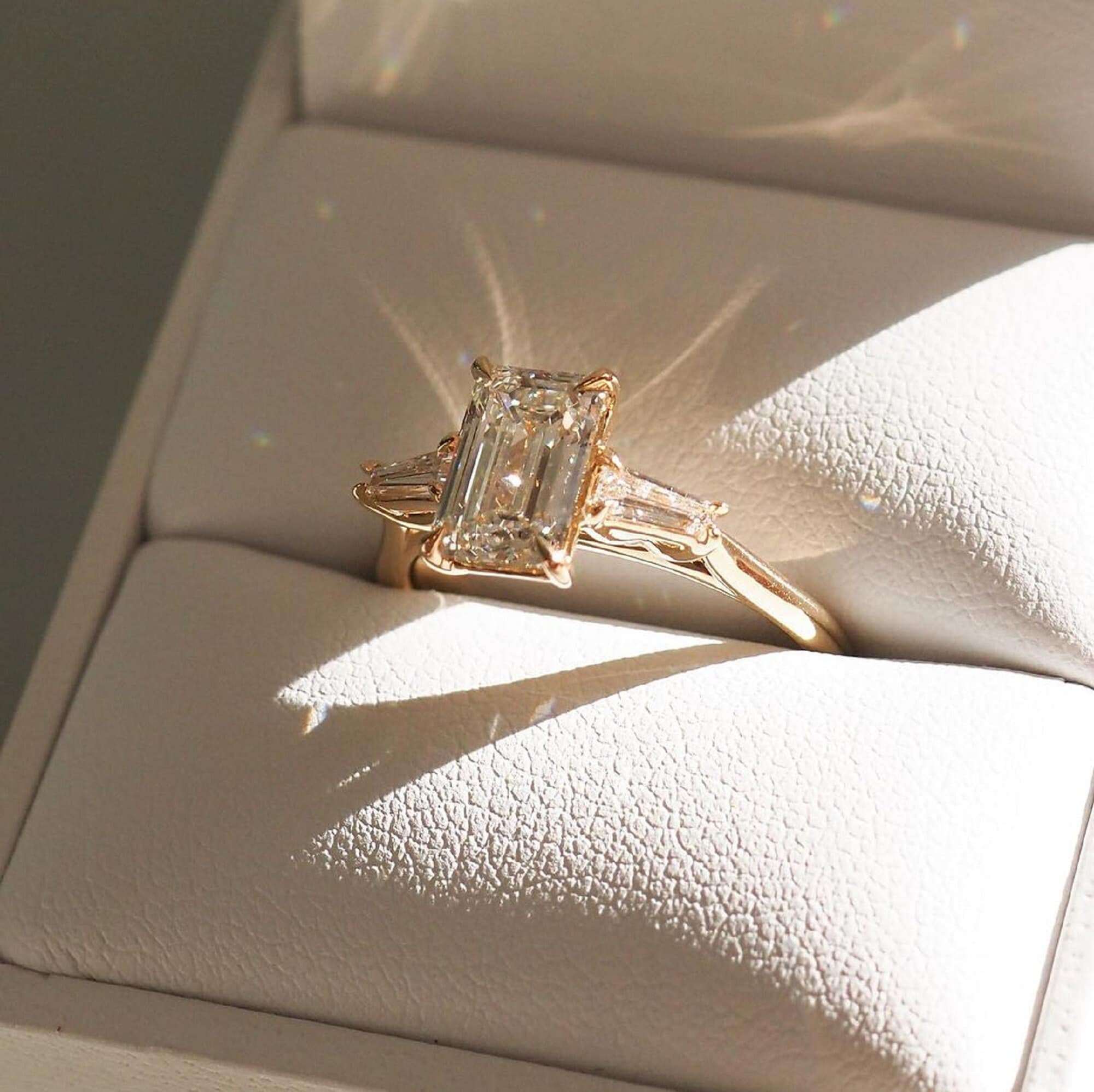 2.72 TC Elongated Emerald Cut Trilogy-14k Solid Yellow Gold Ring ...