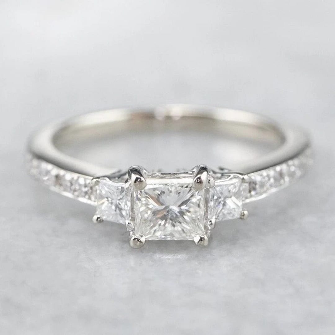 Classic 2.77 TC Princess Cut Three Stone Ring Princess Cut Moissanite ...