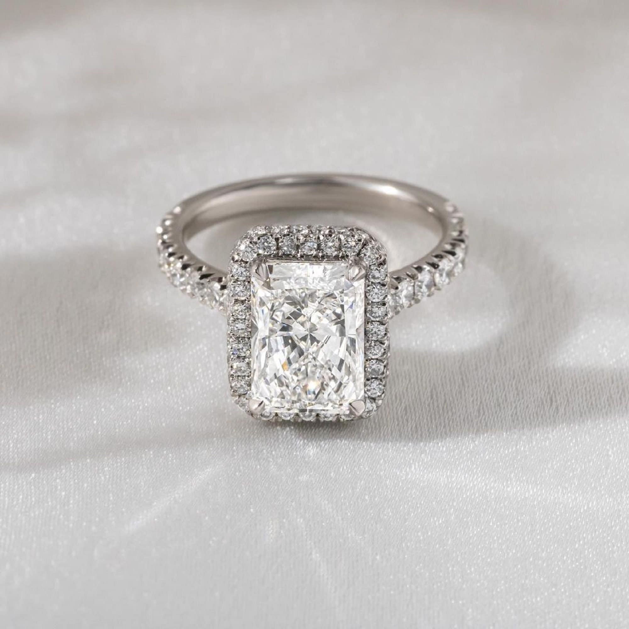 4.43 TC Radiant Cut Solitaire • Art Deco Wedding Ring • Handmade Halo ...