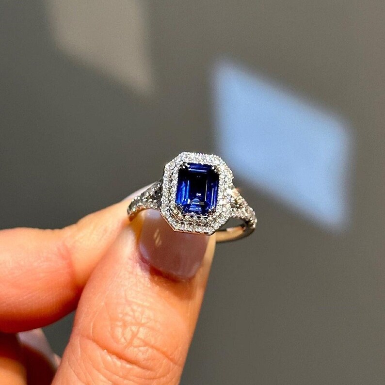 Fancy Blue 2.20 CT Emerald Cut Engagement Ring_blue Sapphire Bridal ...