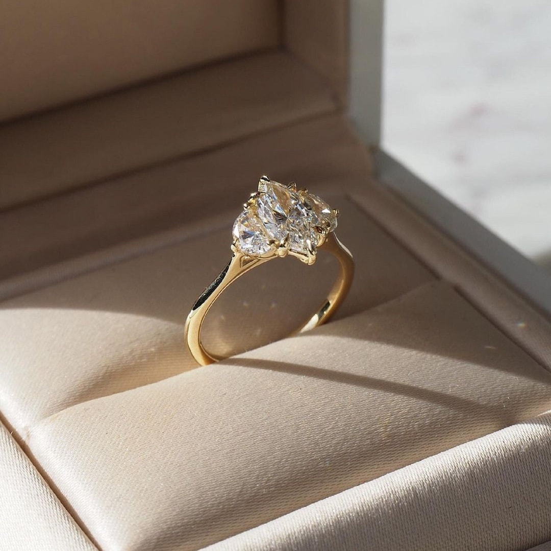 2.33 TC Marquise & Half Moon Cut Trilogy 14k Solid Yellow Gold Ring Three Stone Moissanite Ring ...