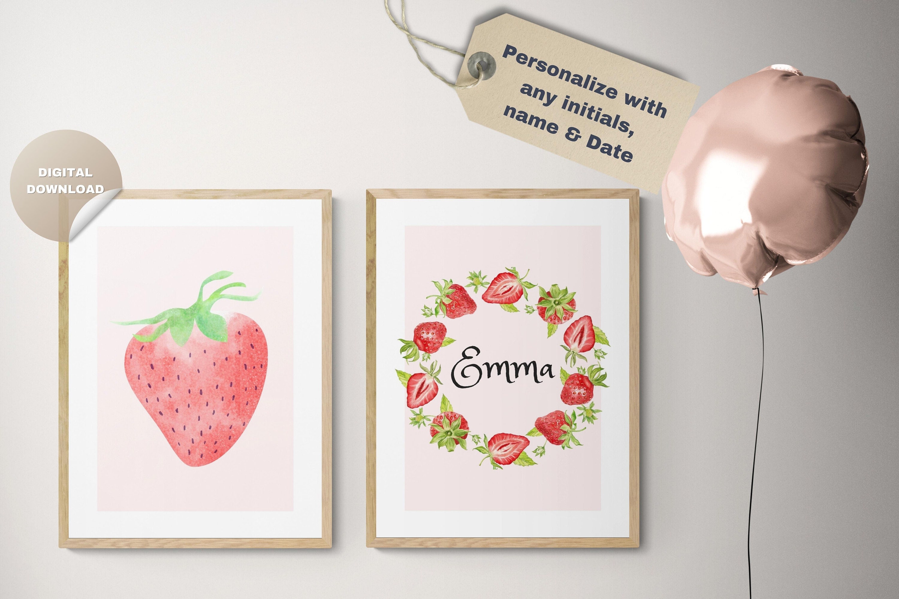 Set of 2 Strawberry Costum Name Printable Wall Art, Personalized Girl ...